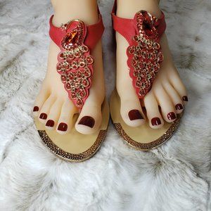 SilverDew | Shoes | Red Rhinestone Peacock Toe Strap Sandals | Poshmark